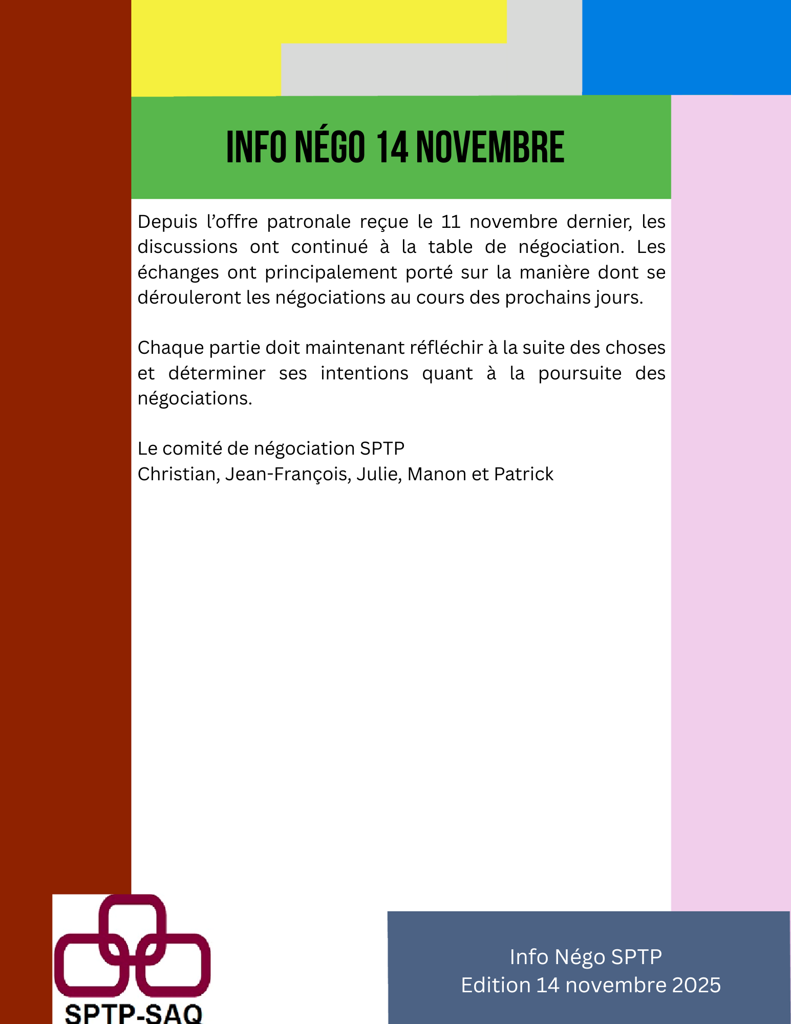 Info Négo – 14 novembre – SPTP-SAQ